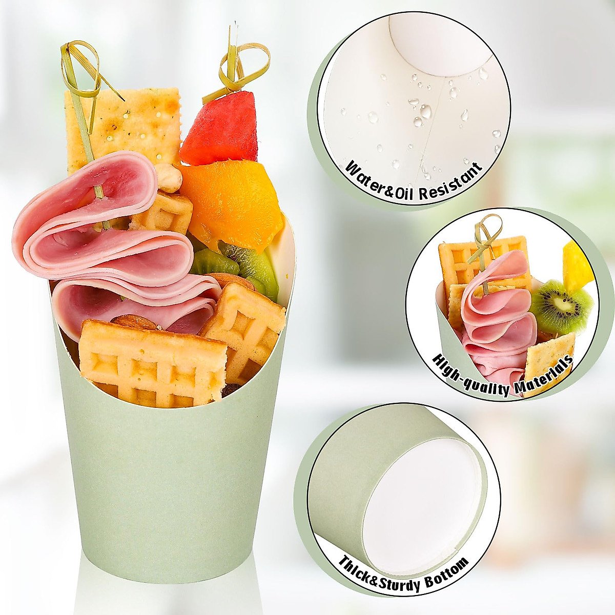 Whaline 50Pcs Sage Green Charcuterie Cups with Bamboo Sticks Plastic Treat Goodie Bags Gold Twist Ties 14oz Disposable Paper French Fries Cup Holder for Home Kitchen Baby Shower Birthday Party Supply