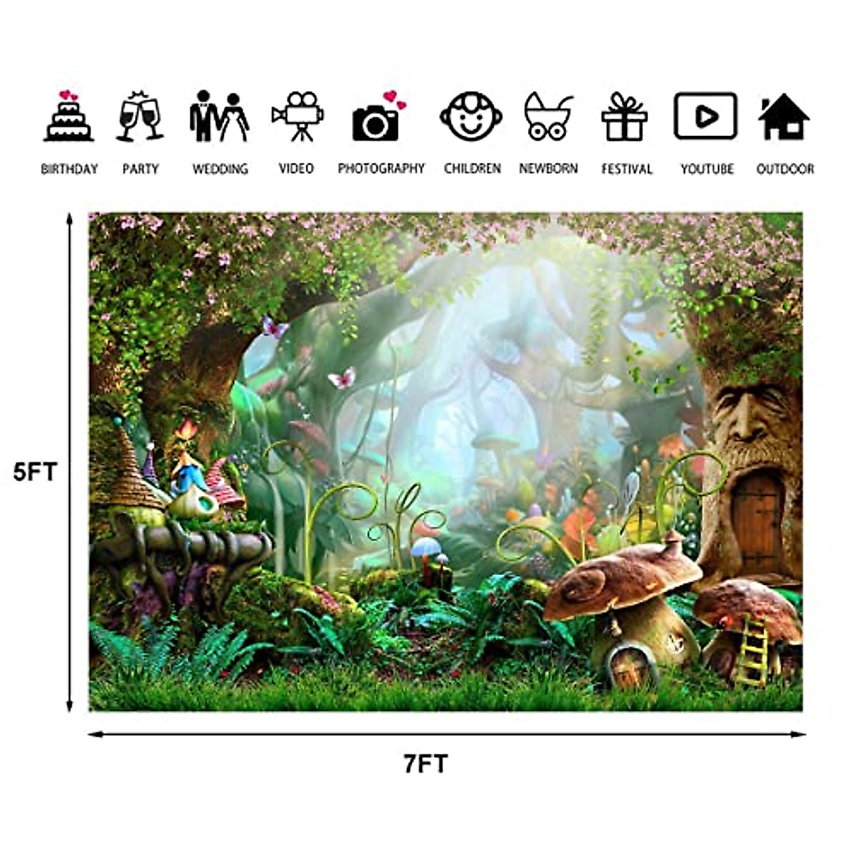 PASRLOLV 7x5ft Alice in Wonderland Backdrop, Fairy Tale Photo Backdrop, Forest Photography Background for Boy Girl Birthday Party Banner Newborn Baby Shower Decoration Photo Booth Prop, Vinyl