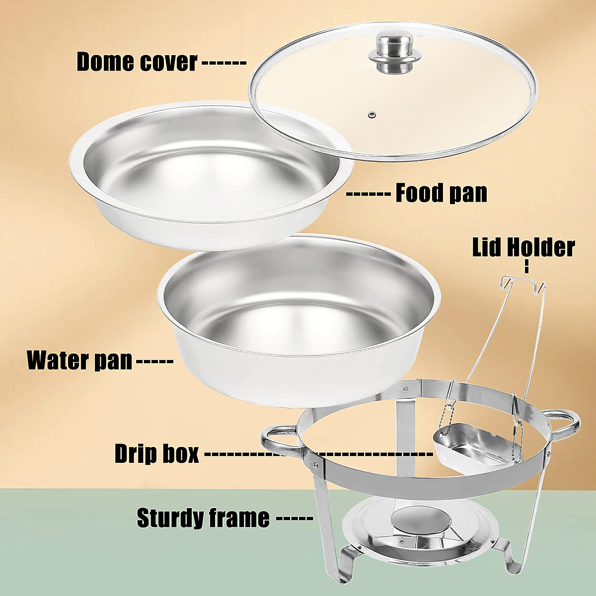 HORESTKIT Large 8QT Chafing Dish Buffet Set Stainless Steel Round Chafers and Buffet Warmers Set with Glass Viewing Lid and Big Lid Hook, Foldable Complete Food Warmer Set