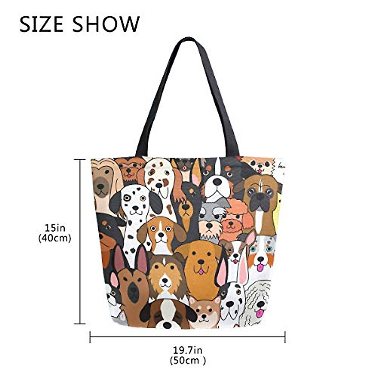 ALAZA Large Canvas Tote Bag Cute Doodle Dog Print Animal Shopping Shoulder Handbag with Small Zippered Pocket