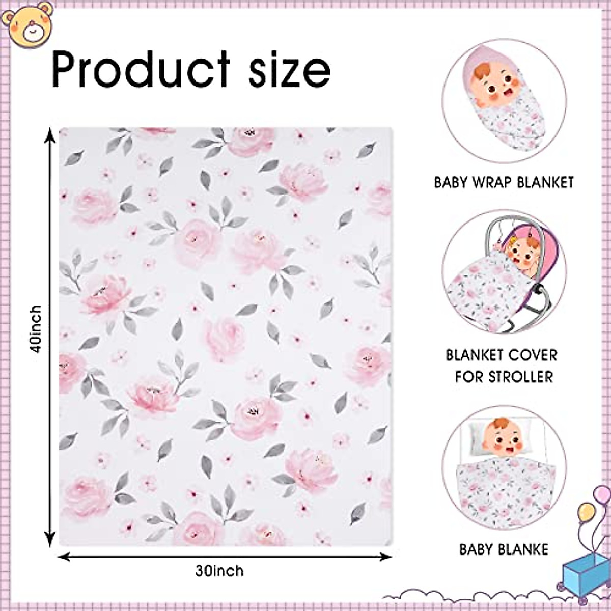 PHF Minky Baby Blanket for Girls, 30x40 Inches Soft Double Layer Baby Blankets with Dotted Backing, Receiving Blanket Bed Throws for Newborn, Infant, Babies, Floral