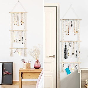 Grathia Hanging Jewelry Organizer Macrame Necklace Holder with 30 Hooks, Wall Mounted Necklace Rack, Necklace Hanger with Tassel for Necklaces Bracelet Earrings (Beige)