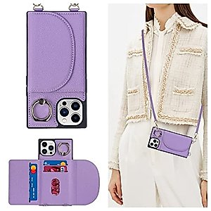 Lipvina for iPhone 13 Pro Max & iPhone 12 Pro Max Crossbody Wallet Case with Credit Card Holder,Lanyard Strap,360°Rotating Ring Kickstand,Flip PU Leather Girl's Phone Casas for Women Lady(Purple)