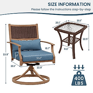 Amopatio 3 Pieces Patio Swivel Chairs Set of 2 with Wicker Table, Bistro Set with Swivel Rocker Chair, Outdoor Furniture with Thickened Cushions for Porch Backyard Deck (Blue)