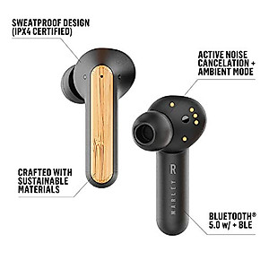 House of Marley Redemption ANC: Noise Cancelling True Wireless Earbuds with Microphone, Bluetooth Connectivity, 20 Hours Total Playtime, and Sustainable Materials, Signature Black