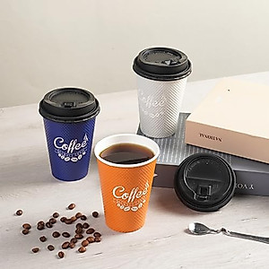 100 Pack 12 oz Disposable Coffee Cups, Insulated Ripple Double-Walled Paper Coffee Cups with Lids, Cold/Hot Drinking Cups for Coffee, Hot Chocolate or Tea, Paper Cups for Party Wedding