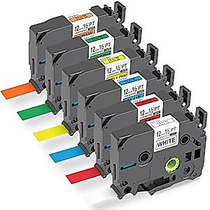 6 Pack Compatible with P-Touch Label Tape 12mm 0.47 inch Laminated Tze Tape Black on White/Fluorescent Orange/Red/Blue/Yellow/Green Replacement for Brother P Touch PT-H110 D600 D210 Label Maker