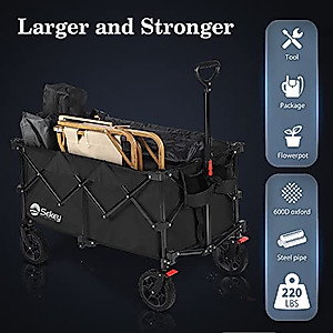 Sekey Collapsible Foldable Wagon with 220lbs Weight Capacity, Heavy Duty Folding Utility Garden Cart with Big All-Terrain Beach Wheels & Drink Holders. Black