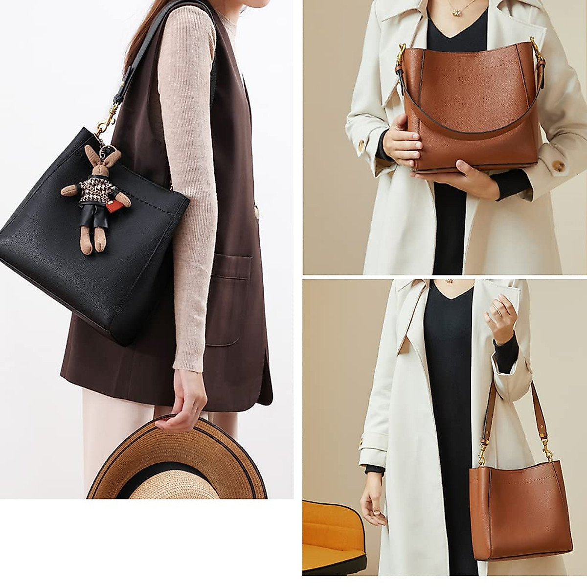 DORIS&JACKY Leather Bucket Tote Bag For Women Medium Hobo Shoulder Purse And Handbags (1-Black)