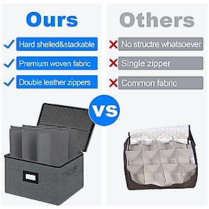 Wine glass Storage Box with Divider - China Storage Containers Hard Shell Stemware Storage Bins with Lids Holds 12 Wine Glass or Crystal Glassware Case, Stackable with Label Window (Dark Grey)