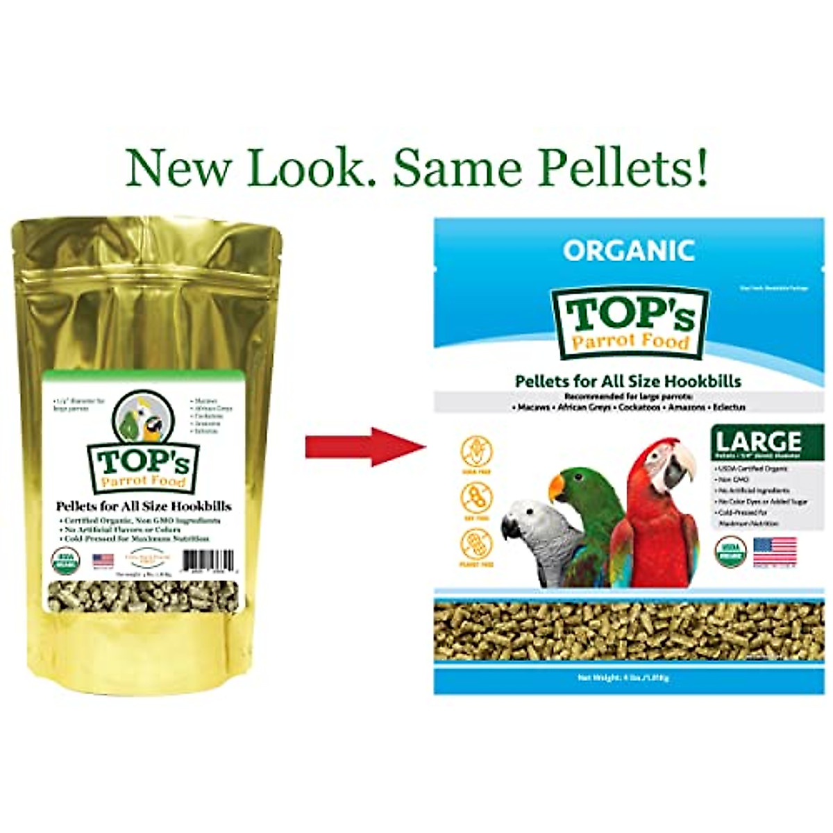 TOP's Parrot Food Pellets Hookbills, Small, Medium and Large Parrots - Non-GMO, Peanut Soy & Corn Free, USDA Organic Certified - 4 lb / 1.81 kg