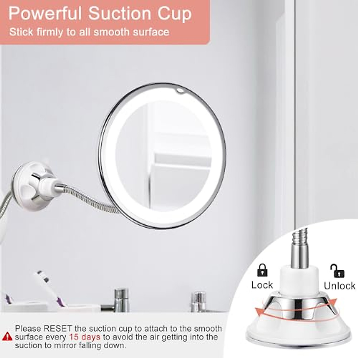 KEDSUM Flexible Gooseneck 6.8" 10X Magnifying LED Lighted Makeup Mirror, Bathroom Magnification Vanity Mirror with Suction Cup, 360 Degree Swivel, Daylight, Battery Operated, Cordless & Travel Mirror