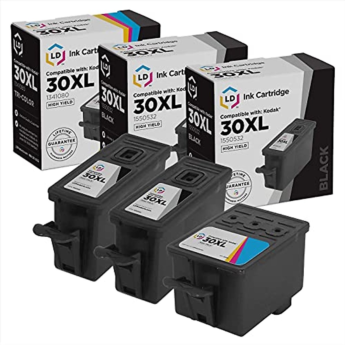 LD Products Compatible Kodak 30 / 30XL Set of 3 High Yield Ink Cartridges: 2 Black (1550532) & 1 Color (1341080) for use in ESP 1.2, 3.2, 3.2S, C110, C310, C315, 2150, 2170 & Hero 2.2, 3.1, 4.2, 5.1