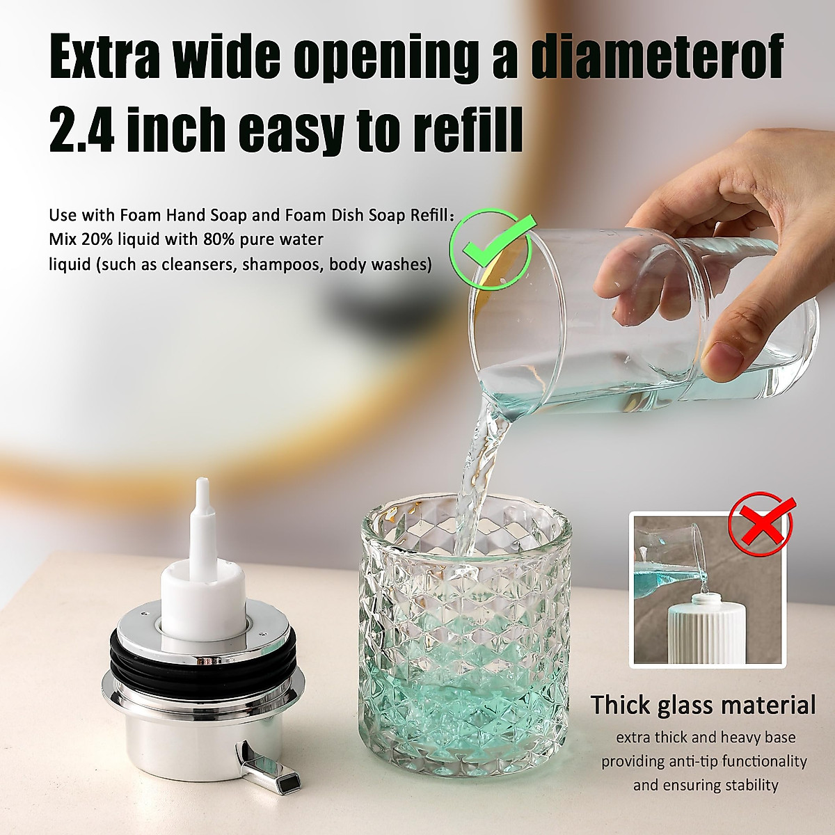 MALACHI Foaming Hand Soap Dispenser， Bathroom Soap Dispenser or Lotion Dispenser for Kitchen,Refillable Clear Glass Soap Dispenser with Large Pump (Clear-Foaming)