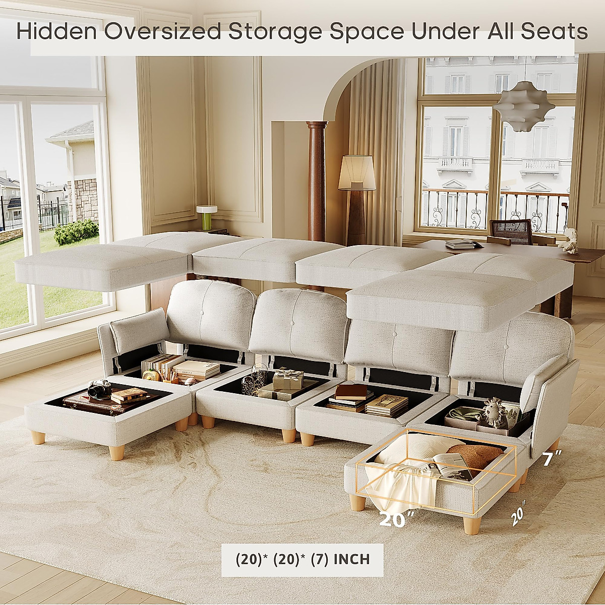 LLappuil Oversized Modular Sectional Fabric Sofa Set, Extra Large L Shaped Couch Reversible Chaise Modular Sectional Couch, 113.5 inch Width,8 Seat Modular Sofa with Storage Ottoman, Linen,Off White