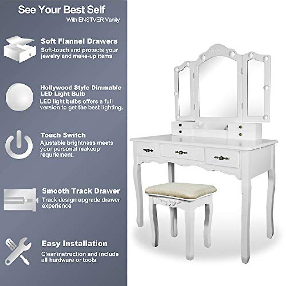 ENSTVER Vanity Beauty Station,Tri-Folding Mirrors,6 Organization 7 Drawers Makeup Dress Table with Cushioned Stool-White