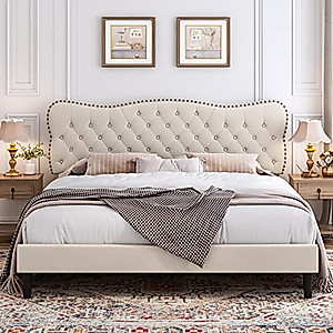HOSTACK King Size Bed Frame, Linen Fabric Upholstered Platform Bed Frame with Adjustable Headboard, Diamond Tufted Mattress Foundation with Wood Slats, Easy Assembly, No Box Spring Needed, Beige
