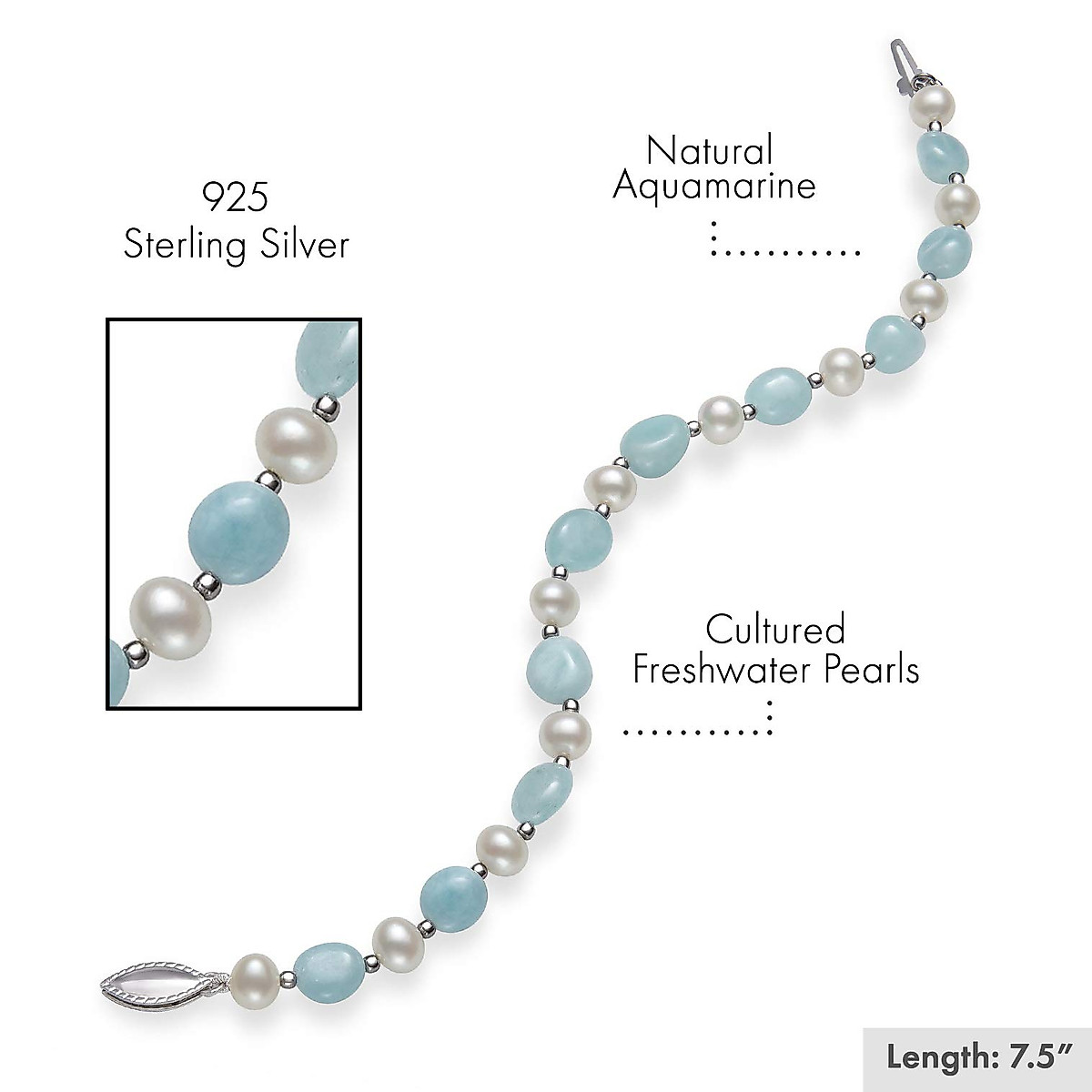 Sterling Silver Natural Aquamarine and Cultured Freshwater Pearl Strand Bracelet, 7.5"