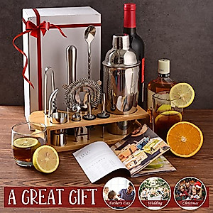 Cocktail Shaker Set Bartender Kit : 12-Piece Bar Tool Set with Bamboo Stand | Bar Set with All Practical Bar Accessories, for Drink Mixing, Bar, Home, Lounge & Party (Silver)