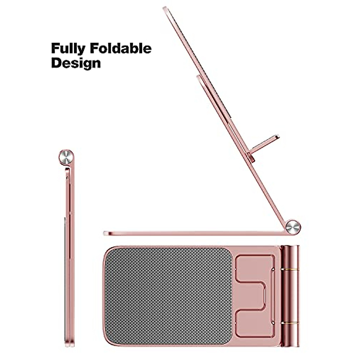 MEISO Cell Phone Stand, Fully Foldable Phone Holder for Desk, Desktop Mobile Phone Cradle Dock Compatible with iPhone, Samsung Galaxy, iPad Mini, Tablets Up to 10” (Rose Gold)