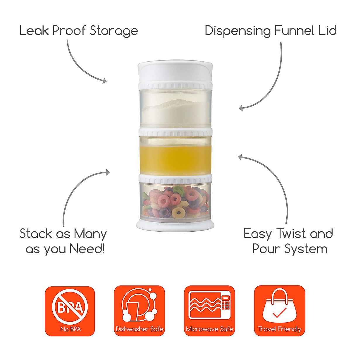 Innobaby Packin' Smart Stackable and Portable Storage System for Formula, Liquid, Baby Snacks and More. 3 Stackable Cups in White. BPA Free.