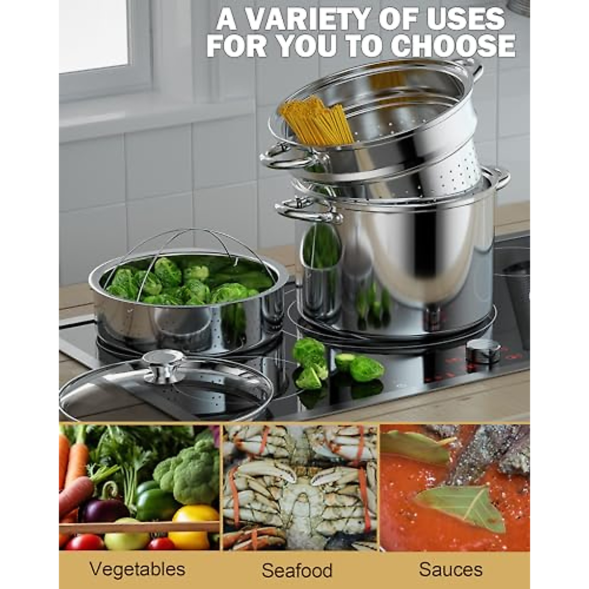 Cook N Home 4-Piece 8 Quart Multipots, Stainless Steel Pasta Cooker Steamer