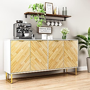 4 EVER WINNER Sideboard Buffet Cabinet, 55" Modern Credenzas Storage Cabinet with 4 Doors, Wood Buffet Storage Cabinet with Adjustable Shelves for Living Room Hallway, White and Gold