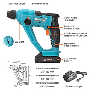 Berserker 20V Cordless 11/16" SDS-Plus Rotary Hammer Drill with 2.0Ah Lithium-Ion Battery Operated and Fast Charger, 2 Functions Variable Speed Sub-Compact Rotomartillo-Including 3 Drill Bits