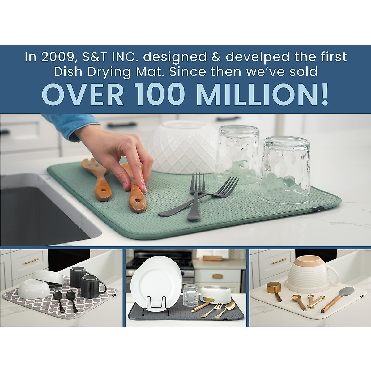 S&T INC. Absorbent, Reversible Microfiber Dish Drying Mat for Kitchen, 16 Inch x 18 Inch, White Trellis