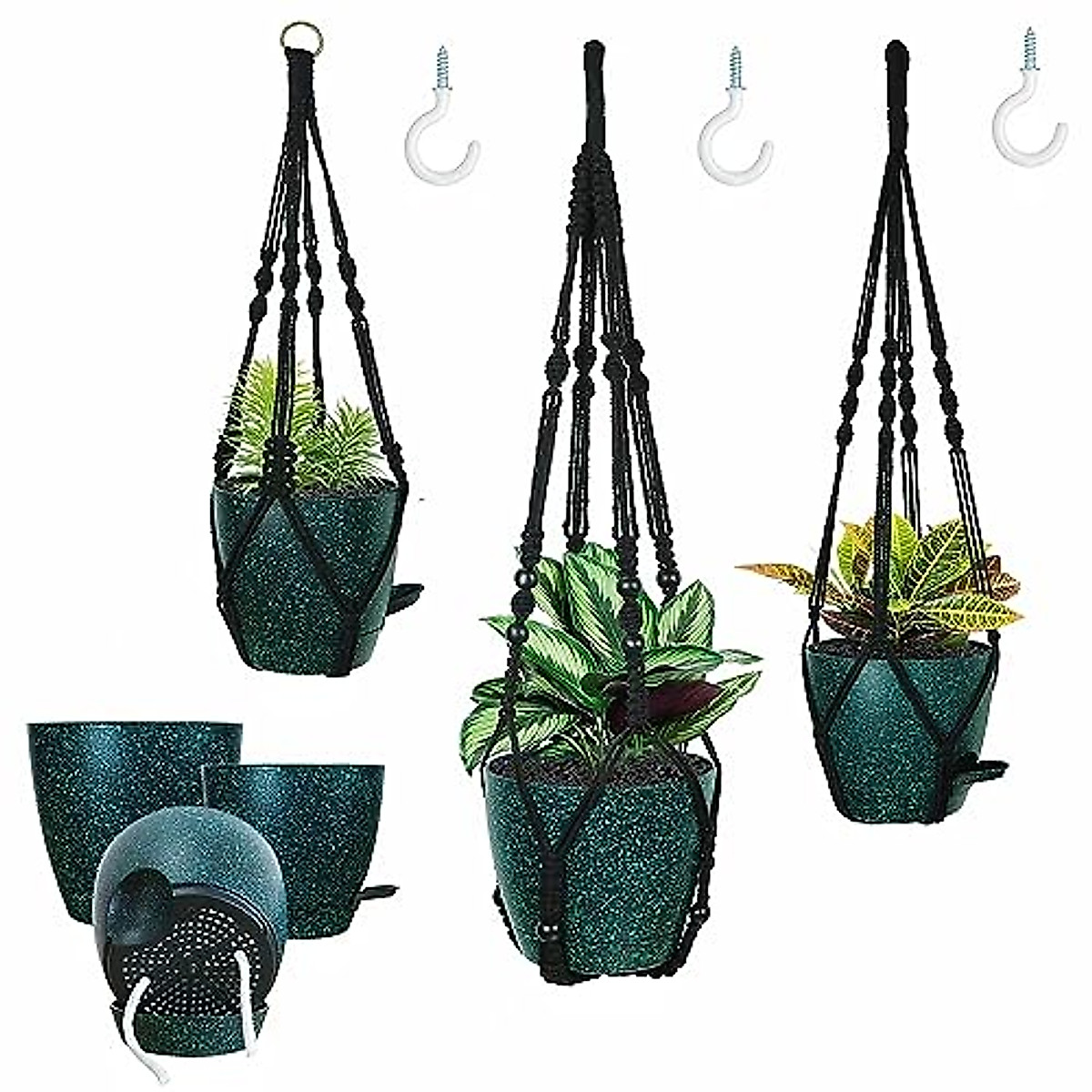 Self Watering Hanging Planters & Macrame Plant Hangers Plastic Flower Pots with Cotton Rope Hanging Baskets for Indoor Outdoor Boho Home Decor Black Green Speckled Set of 3