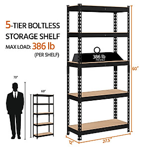 Yaheetech Storage Shelves 5 Tier Garage Shelving Heavy Duty Garage Shelves Adjustable Metal Shelving Unit Utility Rack Industrial Shelving for Warehouse Pantry Closet, 27.5"W x 12"D x 60"H, Black