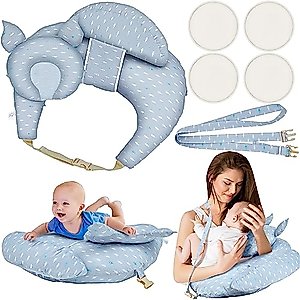Geelin Nursing Pillow Soft Nursing Pads Set Include Breastfeeding Pillows with Adjustable Waist Strap 4 Pieces Breast Pads Reusable Postpartum Essentials for Baby Breastfeeding, Gray and White