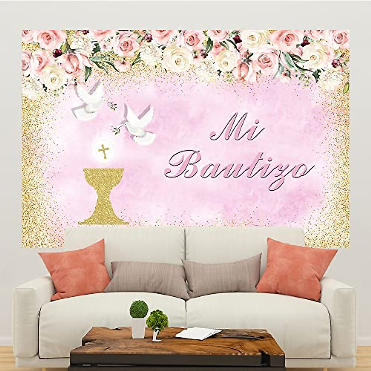 5x3ft Mi Bautizo Backdrop for Girl Baptism Gold Bless Background Pink Flower Golden Dots Photography Baby Shower Banner Party Decorations Floral Newborn Baby Shower Photo Booth Props (EZH0D685UU)