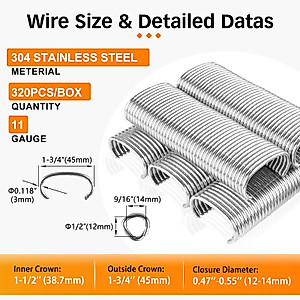 KIMSING - AC50 11 Gauge 304SS Hog Ring Staples, 320 Pcs/Box, 1 1/2" (38.7mm) Crown, C Type Staples for Gabion, Wire Cages, Fencing