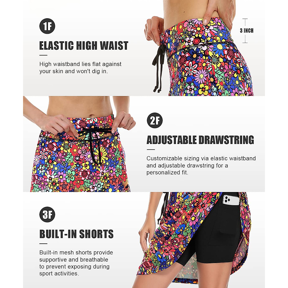 BLEVONH Tennis Skirts for Women High Waisted, Womens Golf Skirt 20" Knee Length Drawstring Skorts Skirts for Women Short Skirts with Pockets Orange Flower M