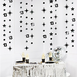 Black 13th Birthday Decorations Number 13 Circle Dot Twinkle Star Garland Metallic Hanging Streamer Bunting Banner Backdrop for Girls 13 Year Old Birthday Thirteen Official Teenager Party Supplies