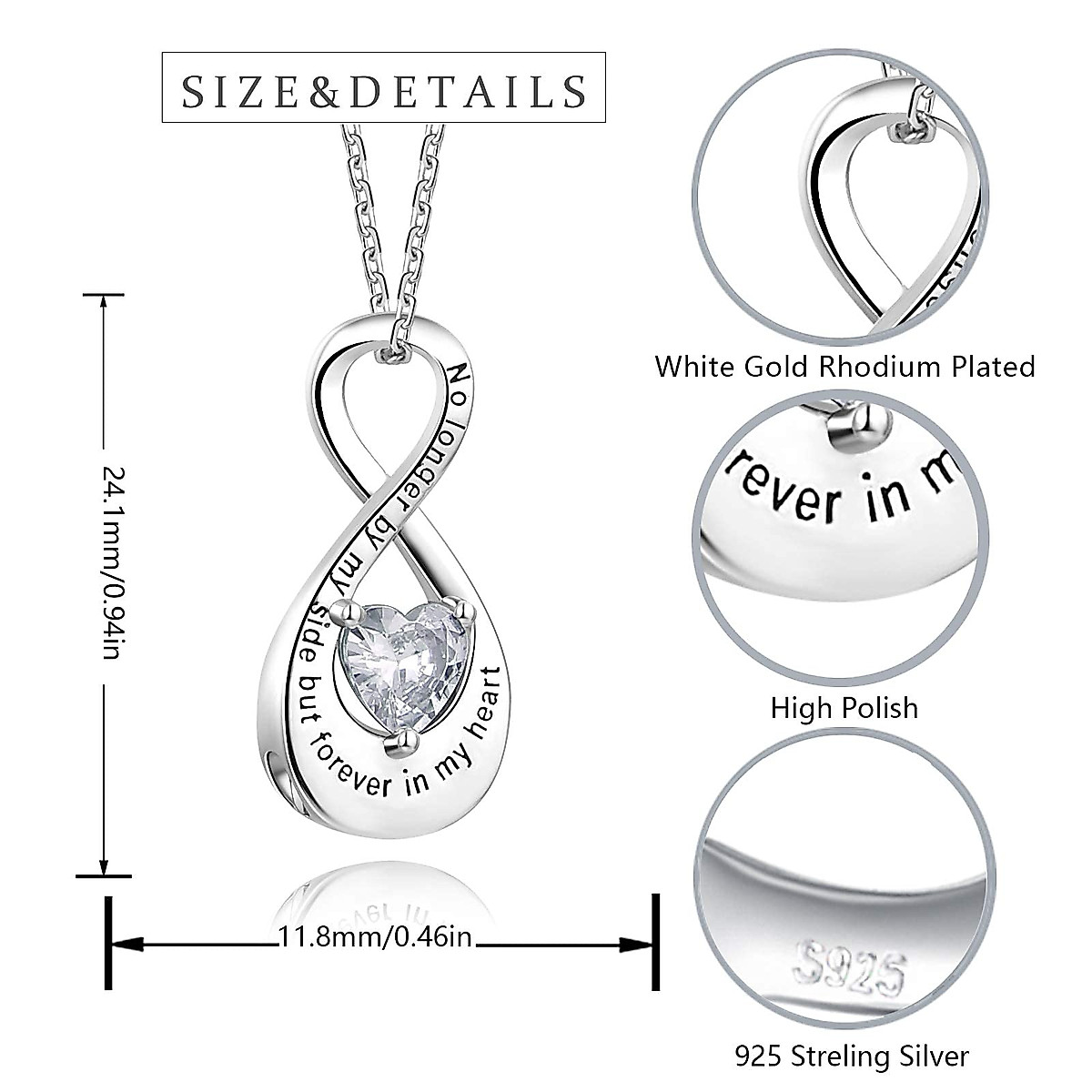 Cremation Urn Necklace for Ashes - Sterling Silver Teardrop Heart Cubic Zirconia Infinity Pendant Keepsake Necklaces, No longer by My Side But Forever in My Heart Memorial Jewelry Gift for Woman