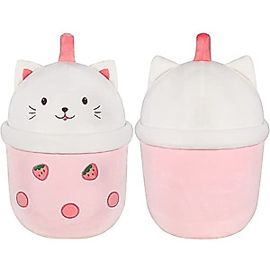 MMguai 14 inch Cute Big Boba Tea Strawberry Cat Plush Soft Hugging Pillow,Large Pink Pearl Milk Tea Stuffed Animals Toy Room Decor,Gifts for Kids Girls Birthday, Christmas