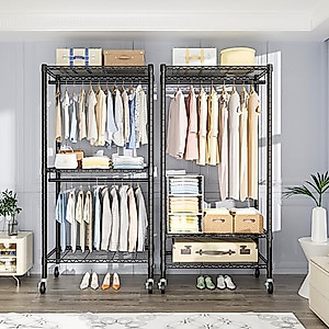 FUTASSI Portable Closets, Heavy-Duty Garment Rack with Shelves and Hanger Rods, Rolling Freestanding Wardrobe System, Clothes Organizers and Storage with 2 Lockable Casters, 30"W x 14"D x 76"H, Black