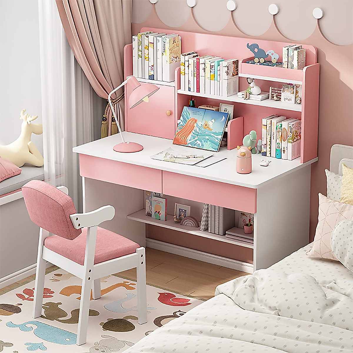 QQXX Cute k*id-s Study Desk with Chair,Wooden Ergonomics Study Desk Table with Drawer and Storage Shelf,Computer Workstation with Bookshelf Hutch,Multi Function Desk and Chair Set for Boys and Girls