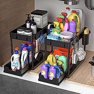 2 Packs Under Sink Organizers and Storage, 2 Tier Under Sink Sliding Cabinet Basket Organizer with 4 Hanging Cups and 8 Hooks, Multi-Purpose Storage Shelf for Bathroom Kitchen
