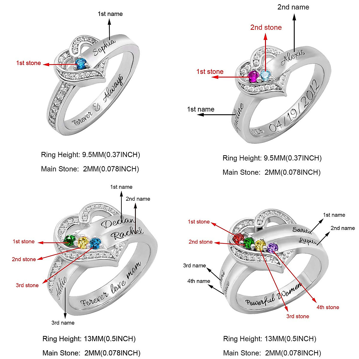 Engraved Birthstone Name Ring Sterling Silver Women's Wedding Bands | Personalized Mothers Ring Kids Names | Family Ring | Custom Grandmothers Ring | Mothers Day Ring | Women's Wedding Bands