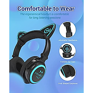 MindKoo Cat Ear Bluetooth Headphones with Microphone, LED Light Up Over Ear Headphones, Volume Control and Foldable Headset for Tablet/PC/iPad/Cell Phones, Gift for Kids Boys & Girls