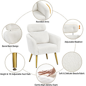 Yaheetech Accent Chair, Cozy Living Room Chair with Adjustable Headrest, Boucle Vanity Chair with Lumbar Pillow and Golden Legs, Modern Armchair for Bedroom Lounge Waiting Room Office, White