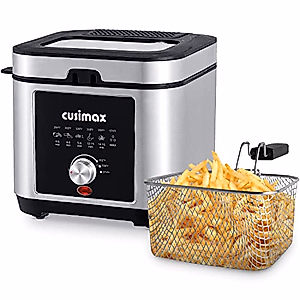 CUSIMAX Deep Fryer with Basket 2.6Qt 1200-Watt Electric Deep Fryer For the Home, with Drip Hook, Removable Lid, View Window and Oil Filtration Deep Fat Fryer