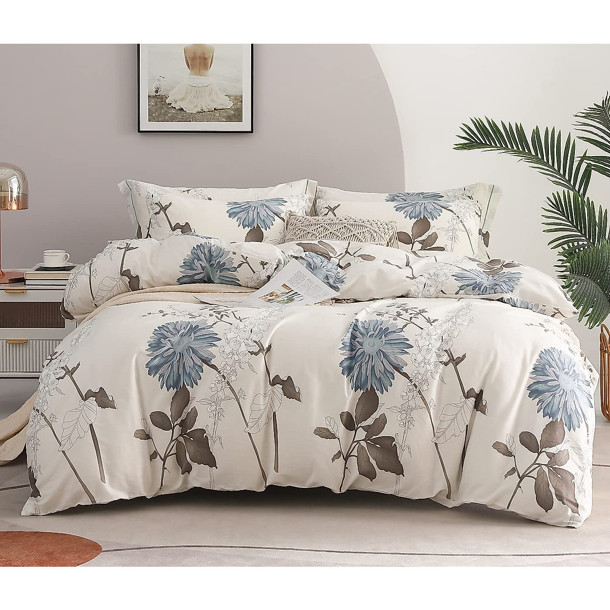 SLEEPBELLA Comforter King Size, 600 Thread Count Cotton Brown Branches and Blue Flowers Off-White Comforter Sets, Down Alternative Bedding Set 3Pcs(King, Off-White Botanical)