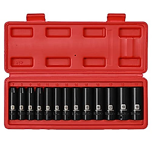 MIXPOWER 13 Pieces 3/8-Inch Drive Deep Impact Socket Set, 7mm to 19mm, CR-V, Metric, 6 Point, Deep, 13 Pieces 3/8" Dr. Socket