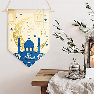 4 Pcs Ramadan Kareem Hanging Door Sign, Eid Mubarak Decorative Ramadan Canvas Sign Party Decorations Welcome Banner for Ramadan Kareem Eid Mubarak Home Door Decor Party Supplies, 14.96 x 11.02 Inch
