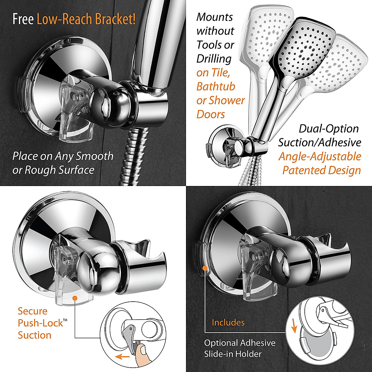 HotelSpa 10.5-in Rain Shower Head/Handheld Combo. Convenient Push-Button Flow Control Button for easy one-handed operation. Switch flow settings with the same hand! Low-Reach Bracket included