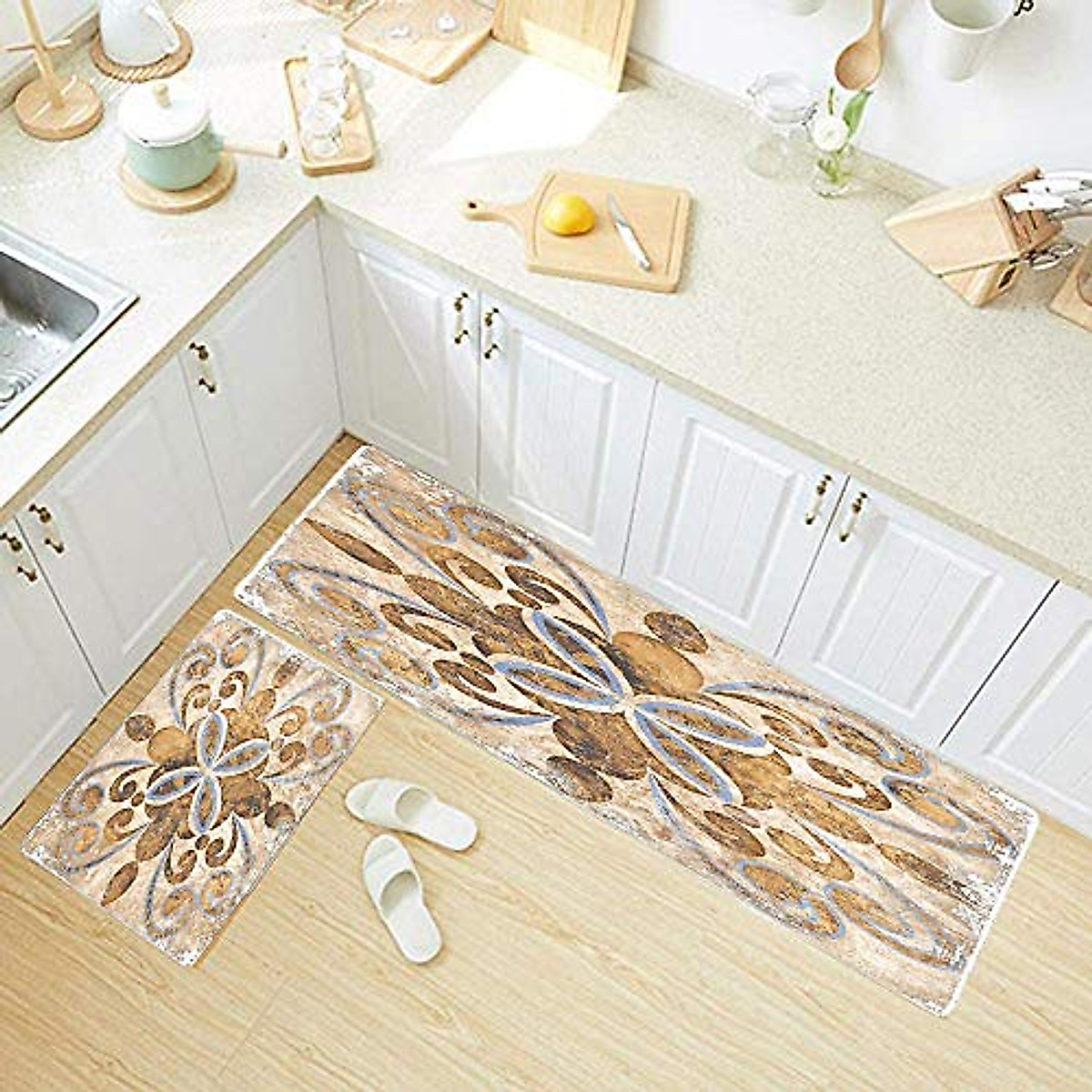 Jesmacti Kitchen Rugs and Mats Rug for Kitchen Sink Area Vintage Italian Tile Pattern Brown Kitchen Rug (17X48+17X24 Inches) Boho Kitchen Rug